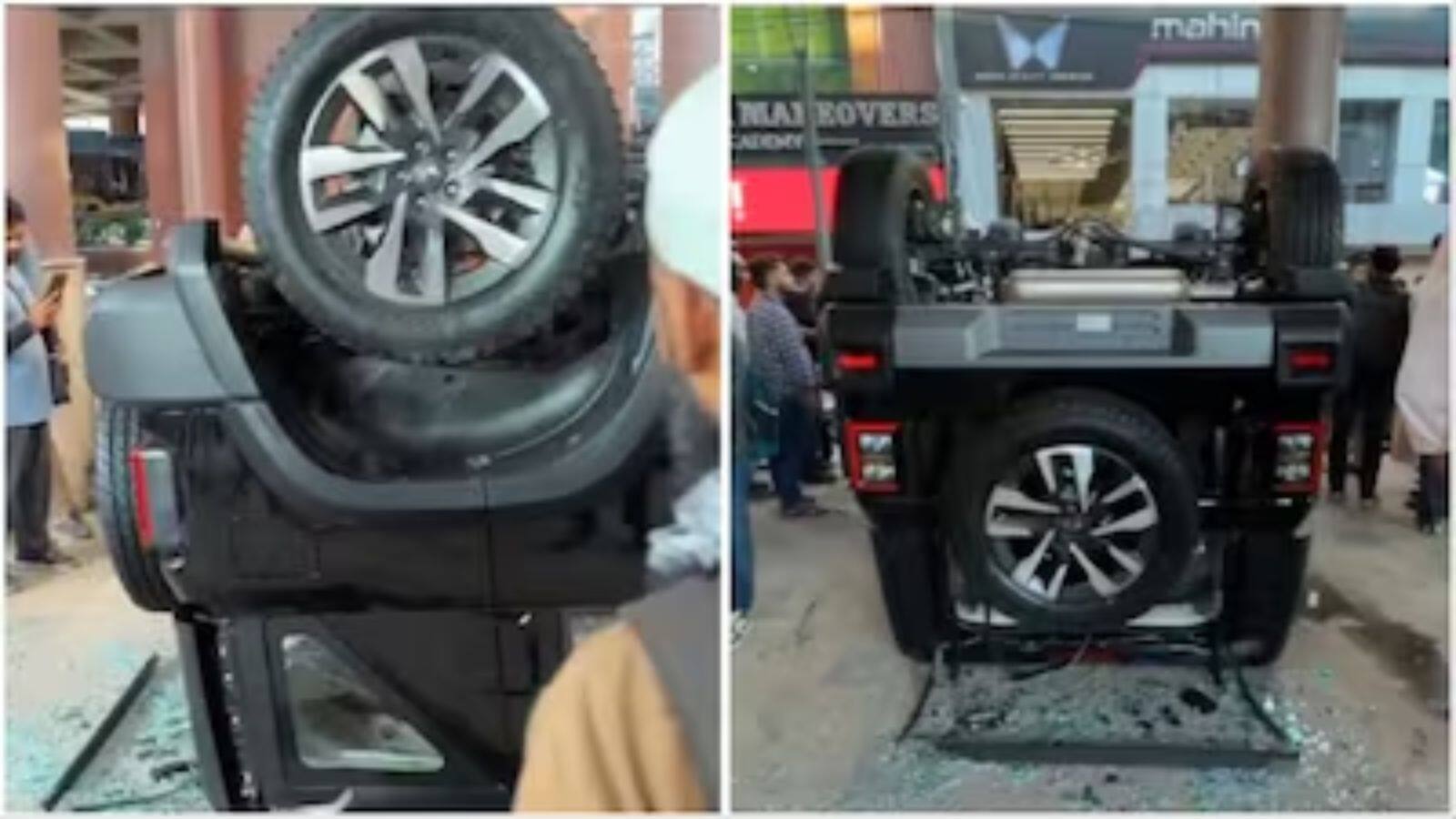Video: नई Thar पहली मंजिल से शोरूम का शीशा तोड़ते हुए सड़क पर गिरी! SUV ...