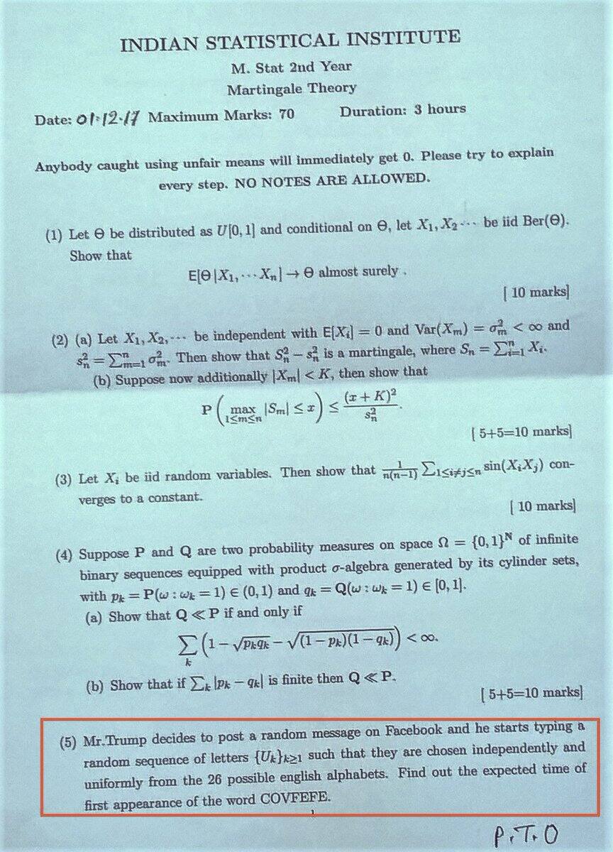 Kolkata institute decides to trump students with a Covfefe question in exam