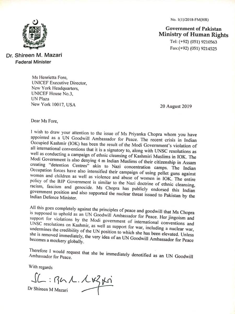 Pakistan writes to UN, demands Priyanka Chopra be removed as Goodwill ...