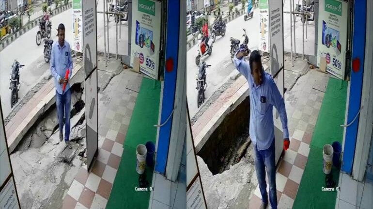 Watch: Man’s narrow escape as footpath crumbles under him