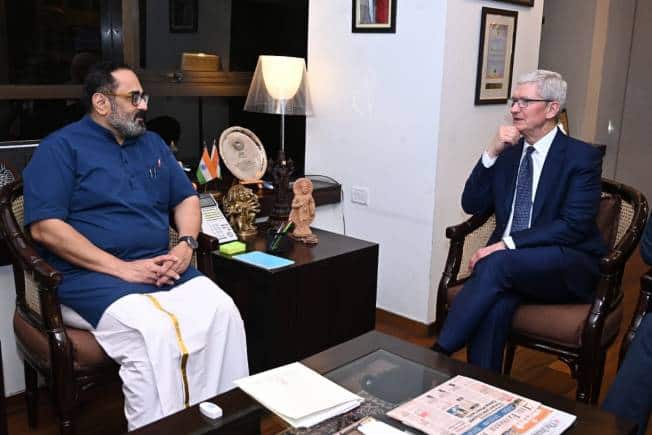 Apple CEO Tim Cook meets Rajeev Chandrasekhar, discusses manufacturing ...