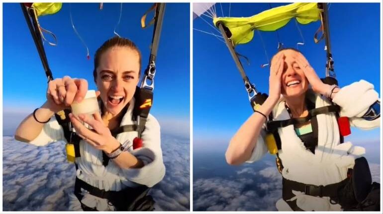 Woman applies makeup while skydiving from 10,000 feet. Viral video