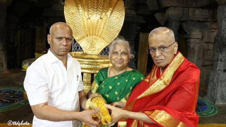 Narayana Murthy, Sudha Murty donate gold conch, tortoise idol to Lord Balaji at Tirupati