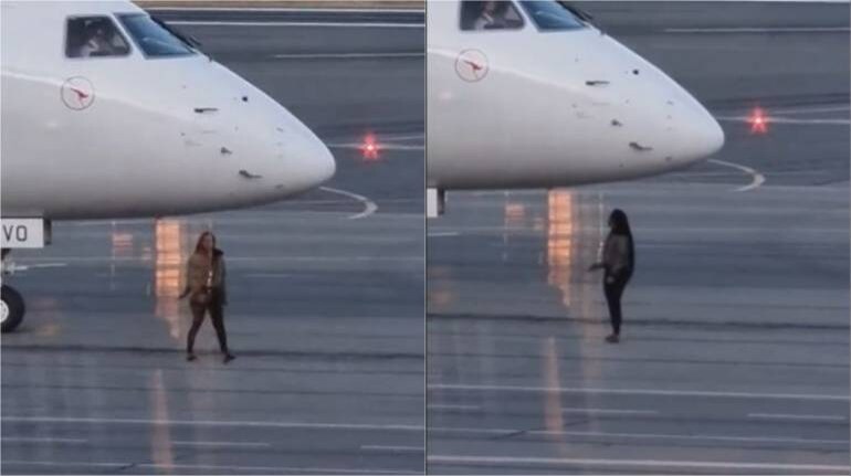 Woman runs onto tarmac to catch flight, yells at pilot to stop. Watch