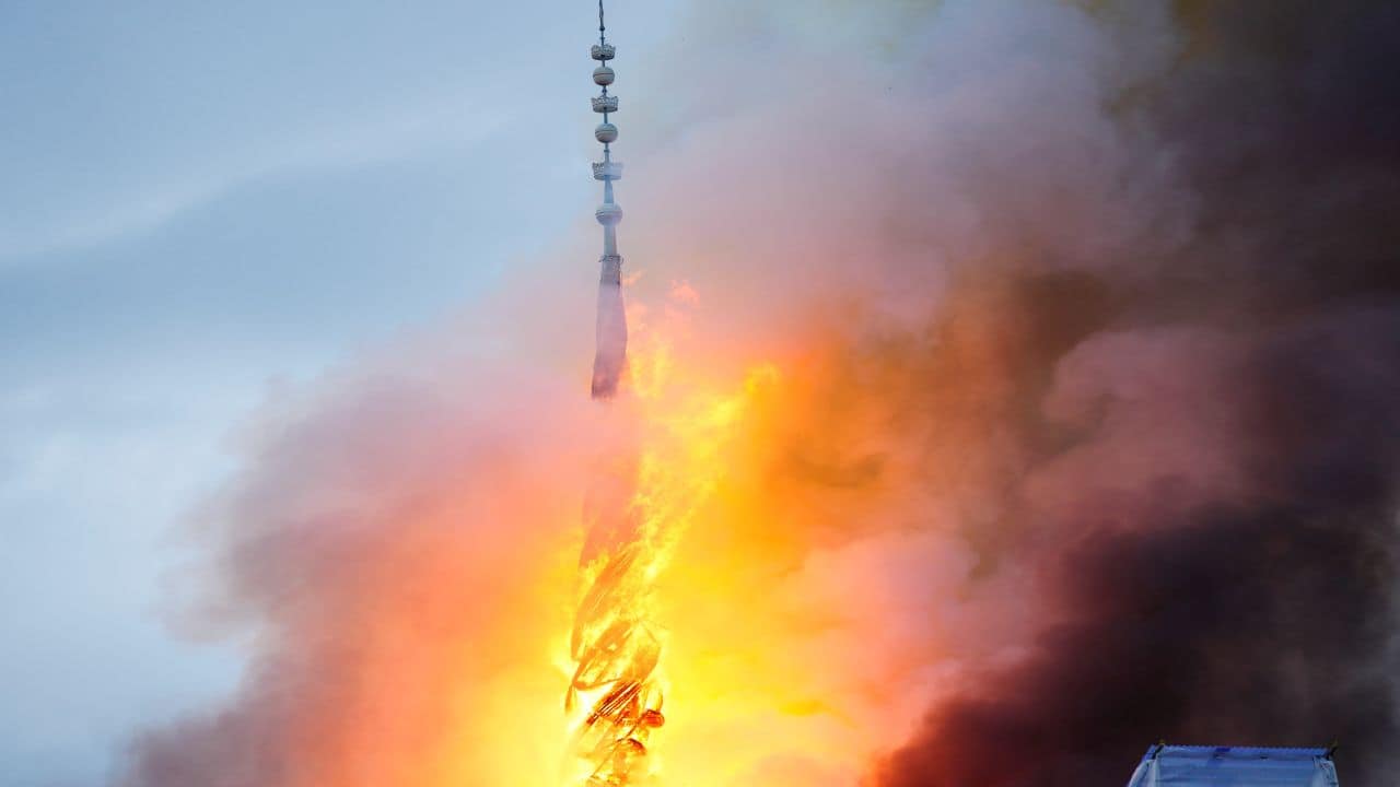 Fire breaks out at Copenhagen's historic stock exchange, spire collapses