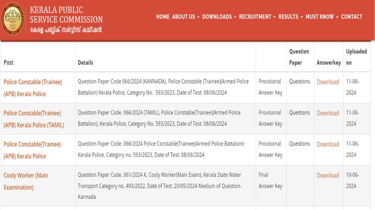 Kerala Police Constable Answer Key 2024 released at keralapsc.gov.in, download link here