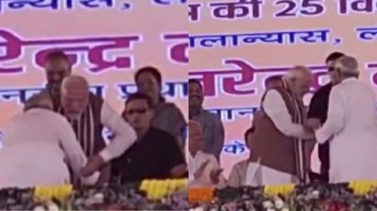 Watch: Nitish Kumar bows to touch PM’s feet at Bihar event. Here’s how Modi reacted