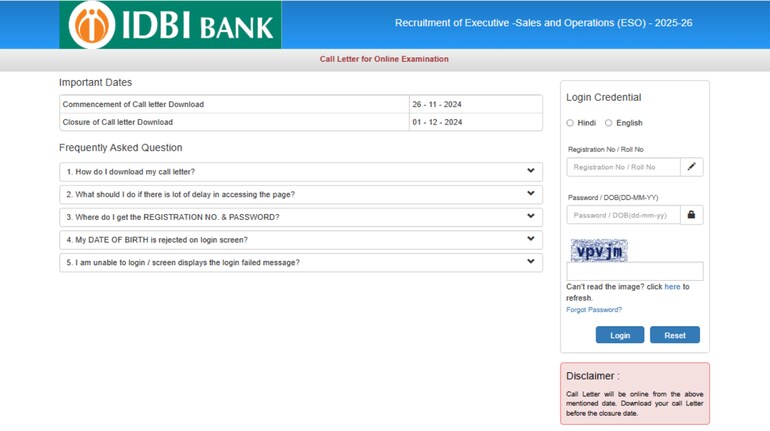 IDBI Bank ESO Admit Card 2024 Released at idbibank.in, Check Direct ...