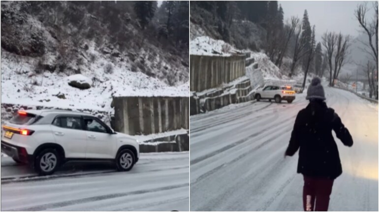 Watch: Cars slip out of control as snow blankets roads in Manali. Video ...