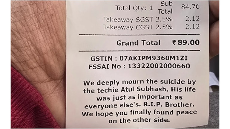 Delhi restaurant pays tribute to Atul Subhash with message on receipt ...