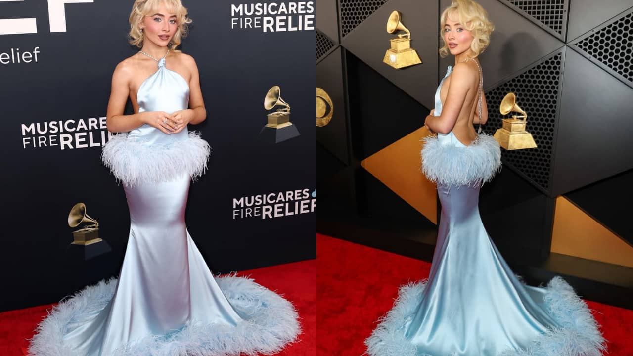 Sabrina Carpenter stuns in blue feather custom gown by JW Anderson at ...