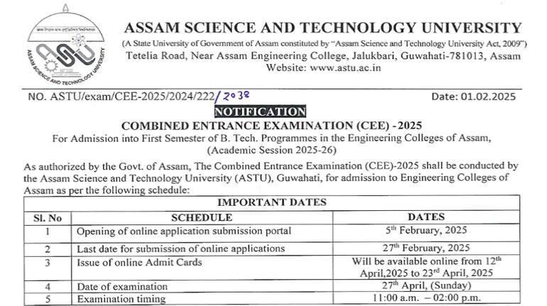 Assam CEE 2025 registration begins today @ stu.ac.in; direct link here