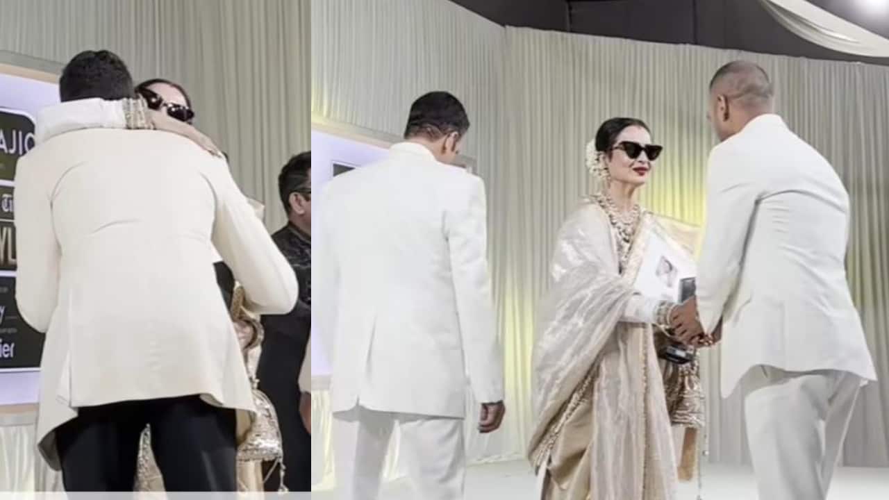 Rekha hugs Abhishek Bachchan, avoids handshake with Akshay Kumar at an ...