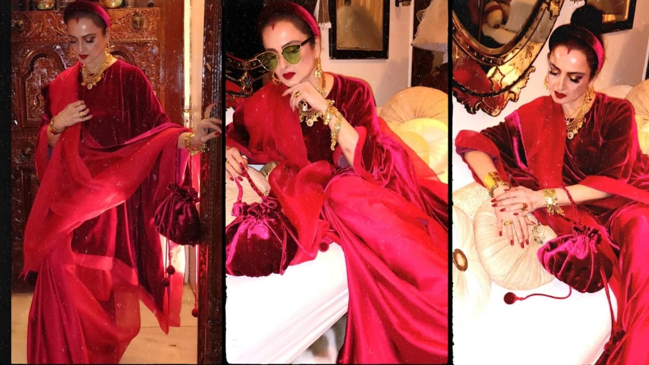 Veteran actor Rekha slays in all-red Manish Malhotra saree and antique ...