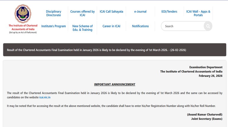 ICAI CA Final Result 2026 Date Announced: CA Final exam result to be ...