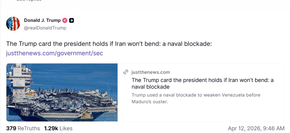 After US-Iran talks fail, Trump’s first post points to a naval blockade