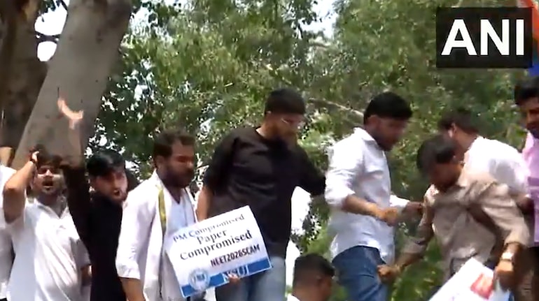 NEET 2026 exam cancelled: NSUI stages protest in Delhi over paper leak ...