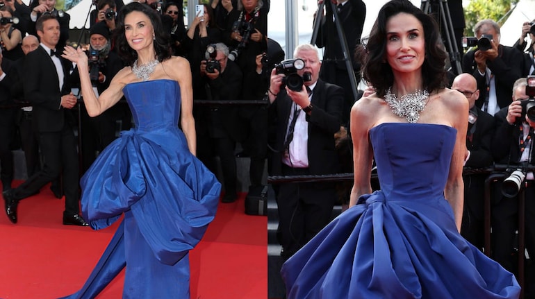 Demi Moore shocks fans with curly lob hairstyle and sapphire blue gown ...