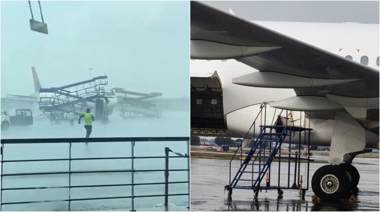 Watch: IndiGo stepladder hits Air India plane as rain, winds damage 3 ...