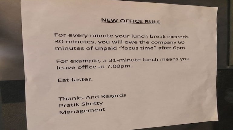 'Eat faster': Office notice says 1 extra minute at lunch means 1 extra ...
